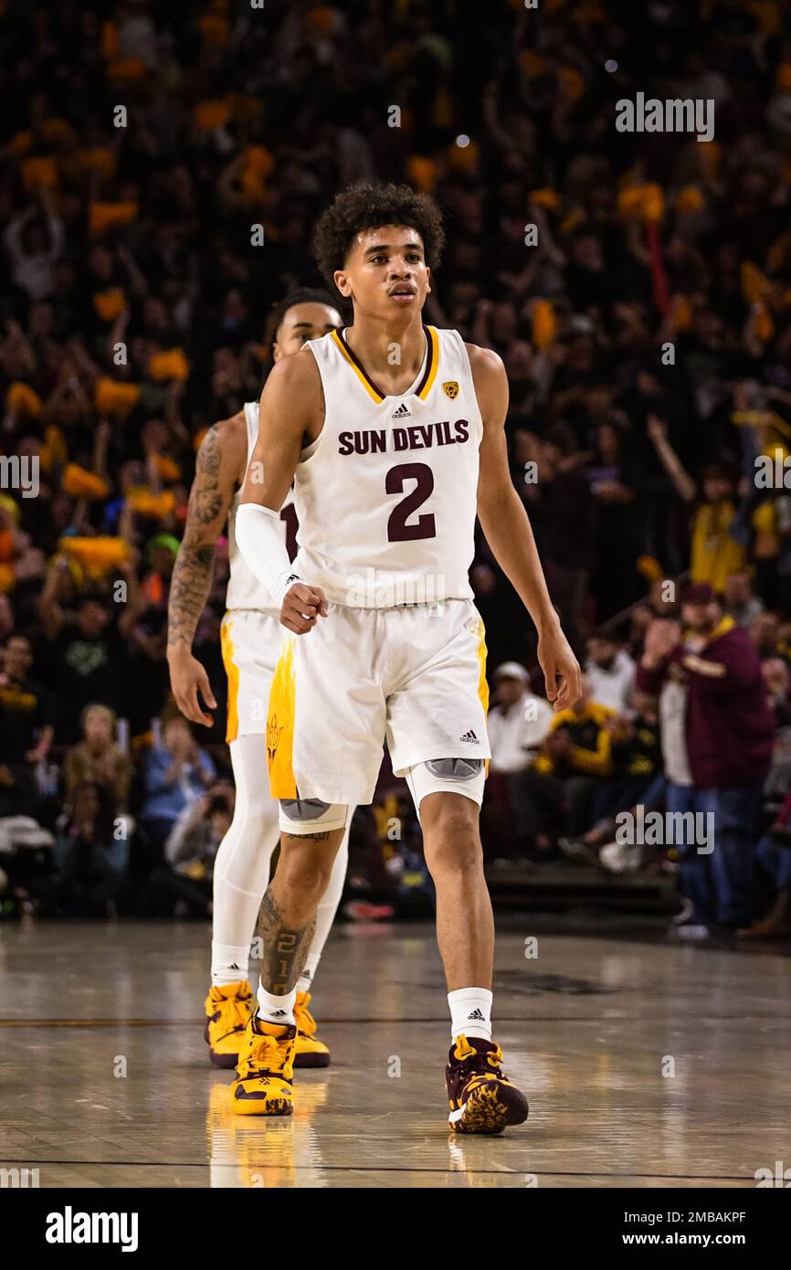 Arizona State guard Austin Nunez (2) celebrates after a stop in the ...