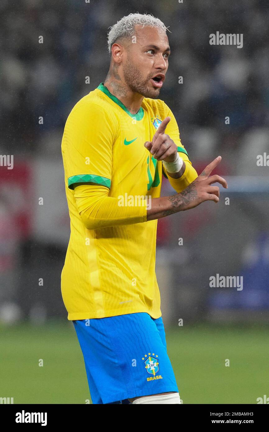 Neymar of Brazil reacts during a friendly match with Japan's team at ...