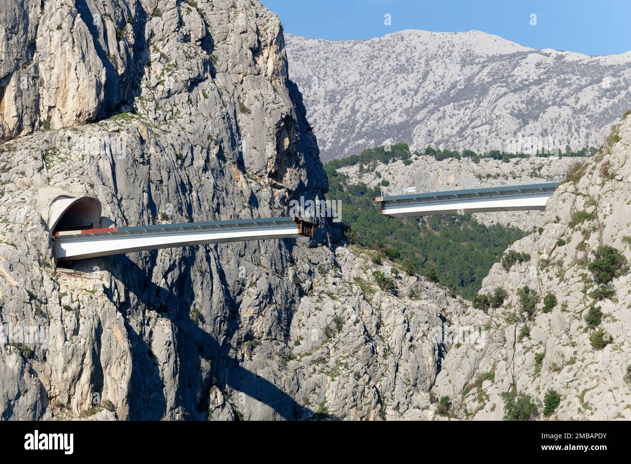 Unfinished bridge in Omis, Croatia over the river Cetina. Bridge being ...