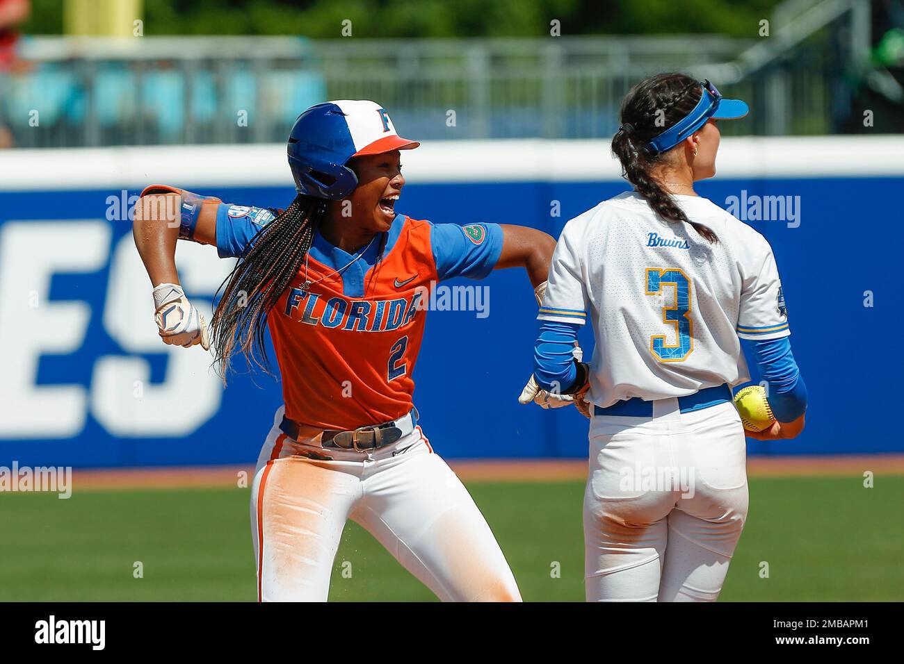 Florida's Cheyenne Lindsey (2) celebrates after reaching second base ...