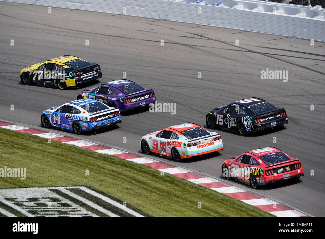Drivers enter Turn 2 during a NASCAR Cup Series auto race at World Wide ...