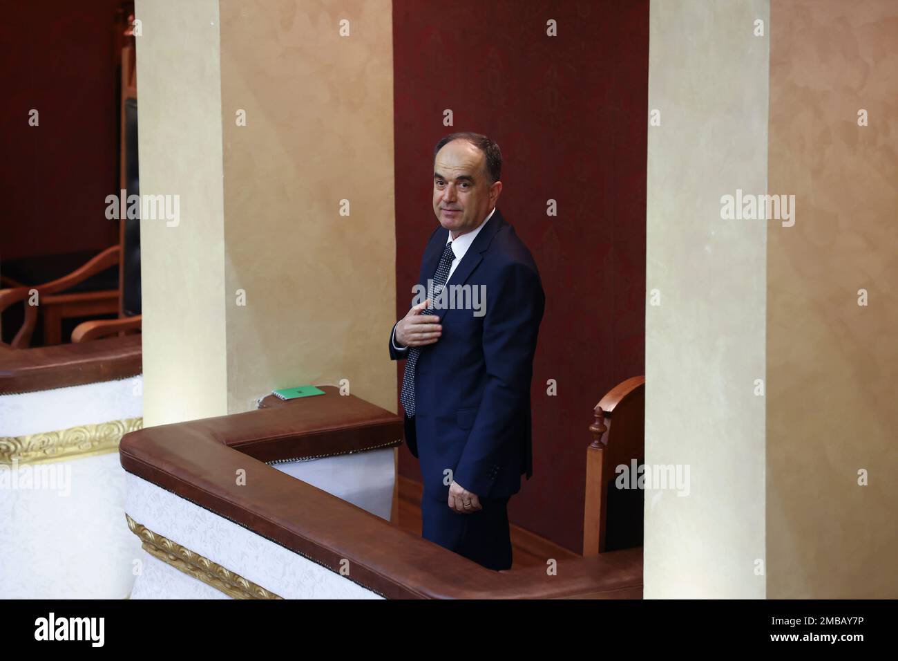 Gen. Maj. Bajram Begaj salutes the members of the Parliament after ...