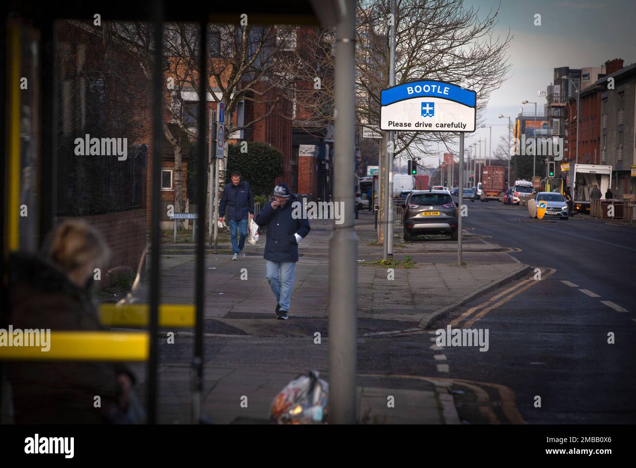 Stanley Road, the main thoroughfare through the town of Bootle, Sefton ...