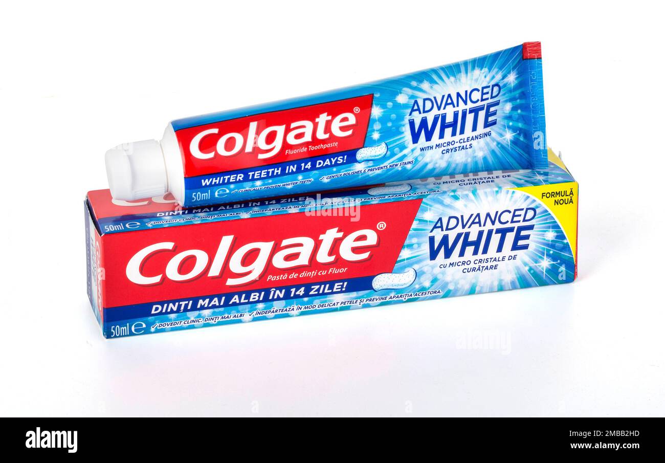 CHISINAU, MOLDOVA -March 13, 2016;: Colgate tooth paste on white ...