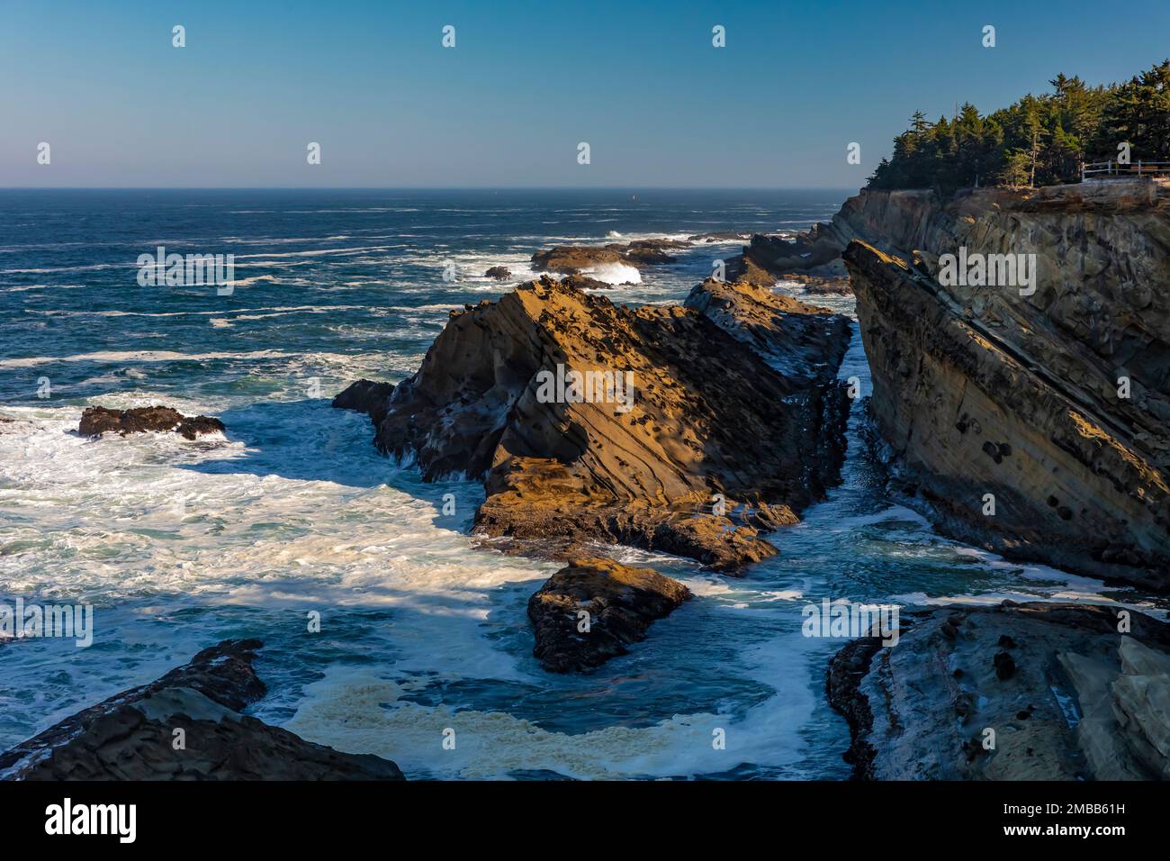 Sandstone formations and Pacific Ocean at Shore Acres State Park on the ...