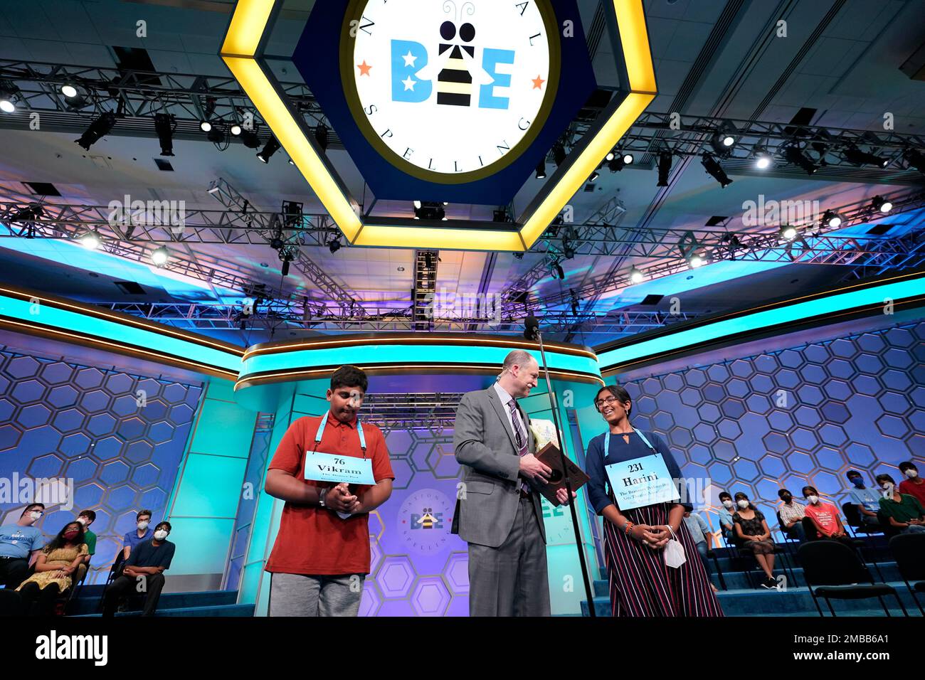 Harini Logan, 14, from San Antonio, Texas, right, and Vikram Raju, 12 ...