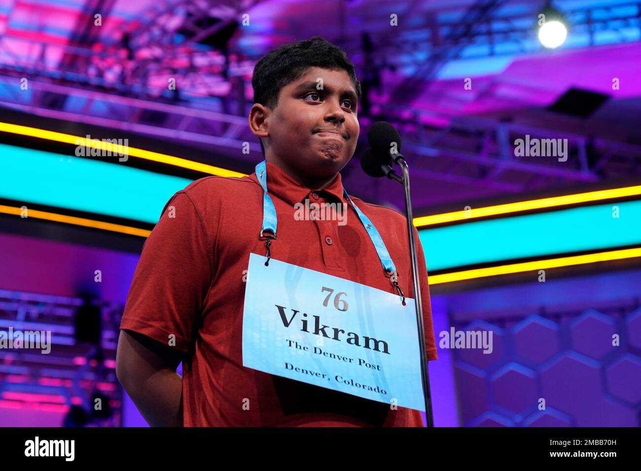 Vikram Raju, 12, from Aurora, Colo., reacts during the finals of the ...
