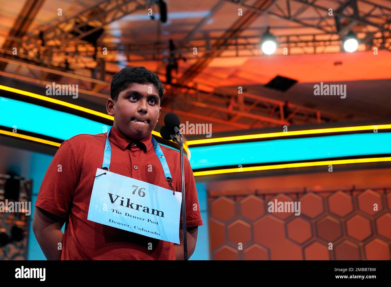 Vikram Raju, 12, from Aurora, Colo., reacts during the finals of the ...