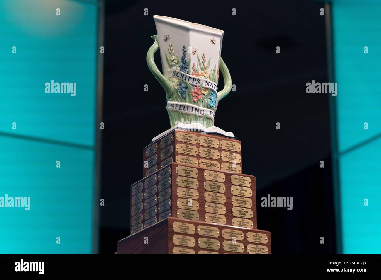 The Scripps National Spelling Bee trophy is seen during the finals of ...