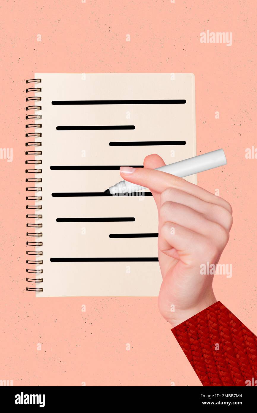 Artwork magazine collage picture of arm writing pen pencil felt tip pan ...