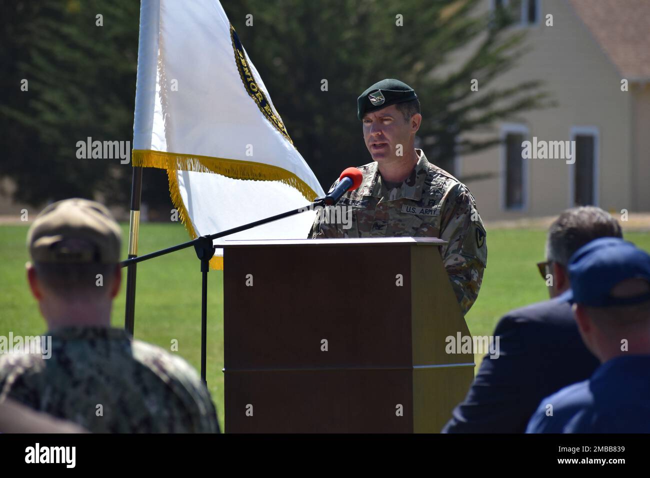 Col. Sam Kline, incoming commander of U.S. Army Garrison Presidio of Monterey, speaks during a ...
