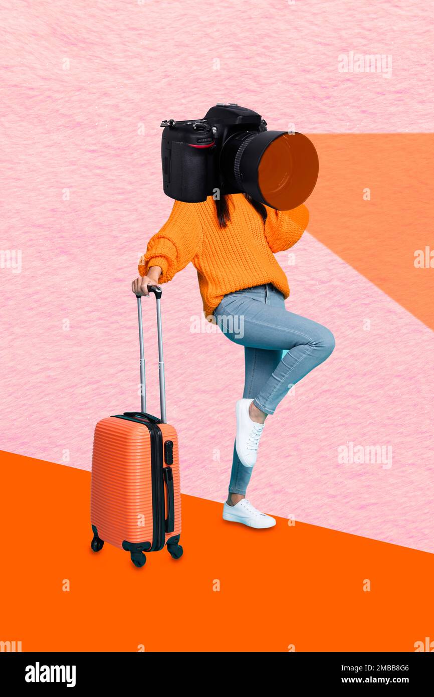 Photo cartoon comics sketch collage picture of lady camera instead of ...