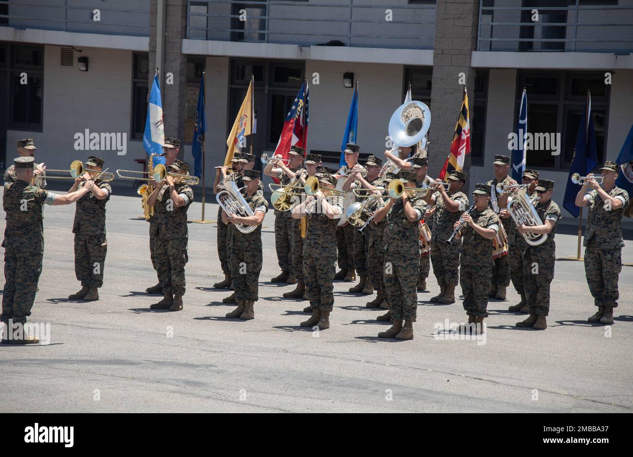 U.S. Marines with the 1st Marine Division (1st MARDIV) Band play a ...