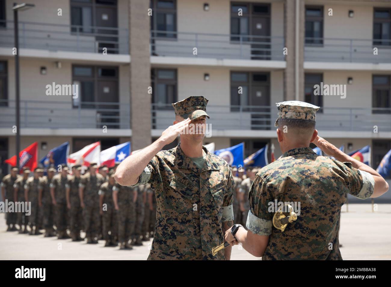 U.S. Marine Corps Sgt. Maj. Luke Gilliland (left), the incoming ...