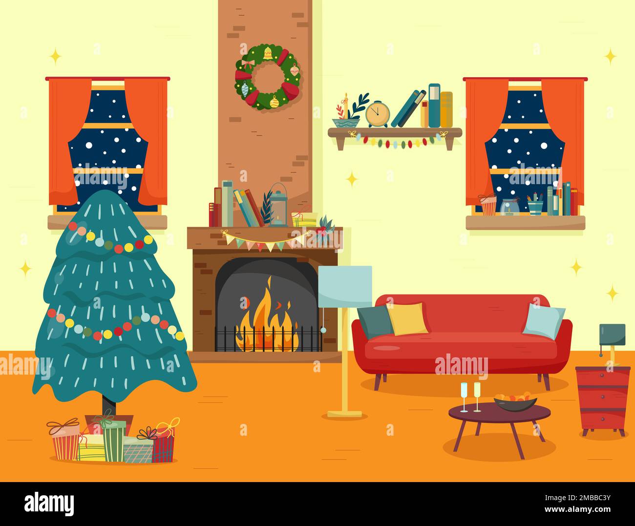 Christmas fireplace room interior in colorful cartoon flat style Stock ...