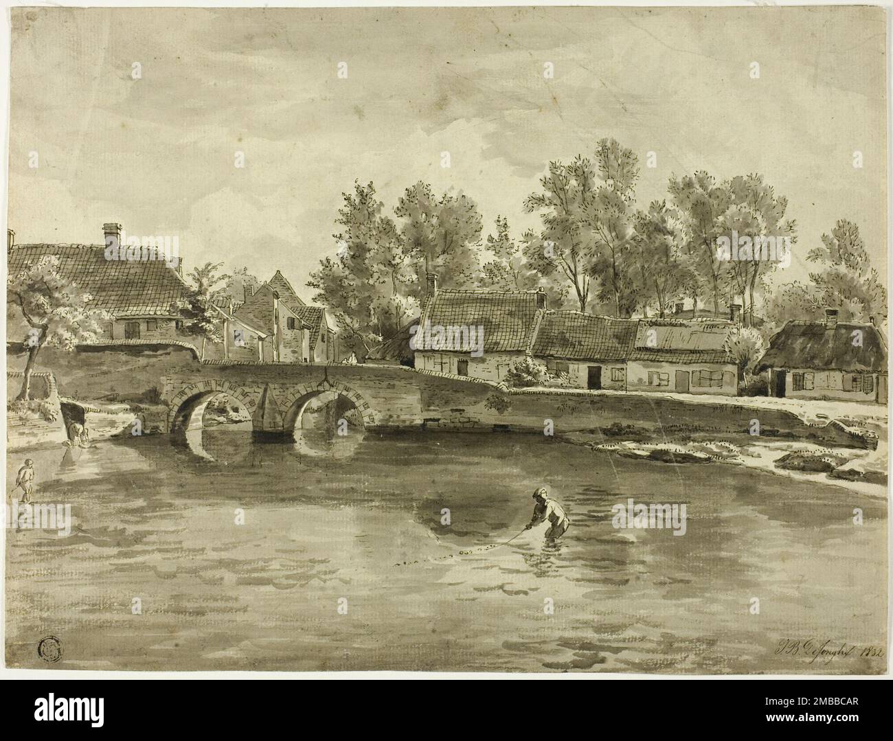Man Fishing in River Near Village, 1832 Stock Photo - Alamy