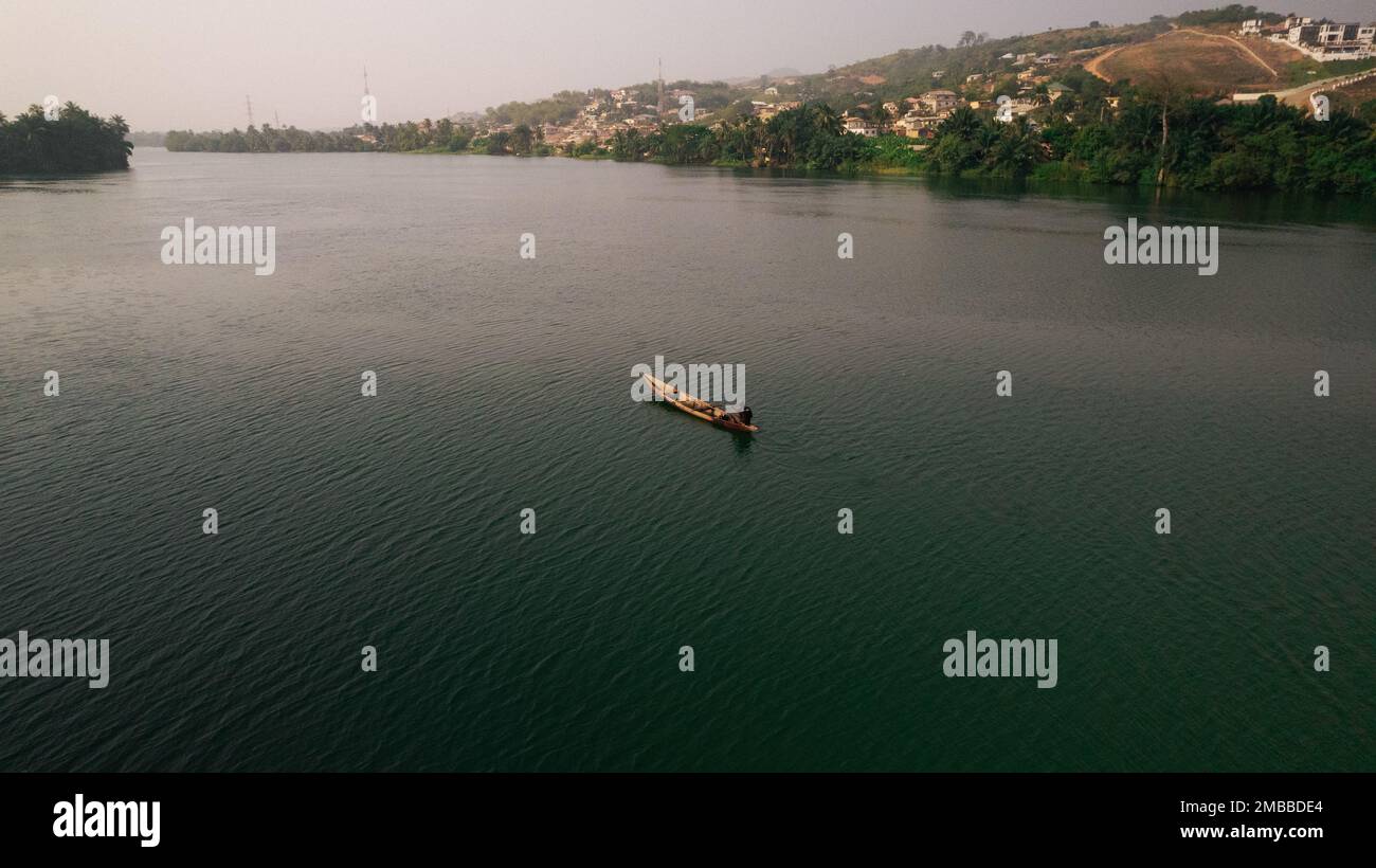 The aerial view of a boat on Volta River. Ghana, West Africa Stock ...