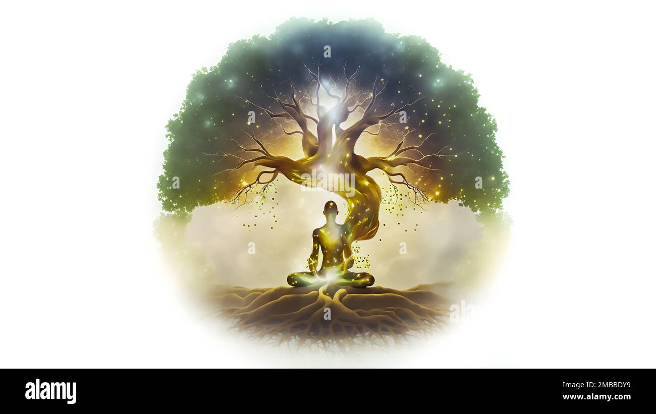 A digital render of a conceptual tree of life meditation sign on a ...