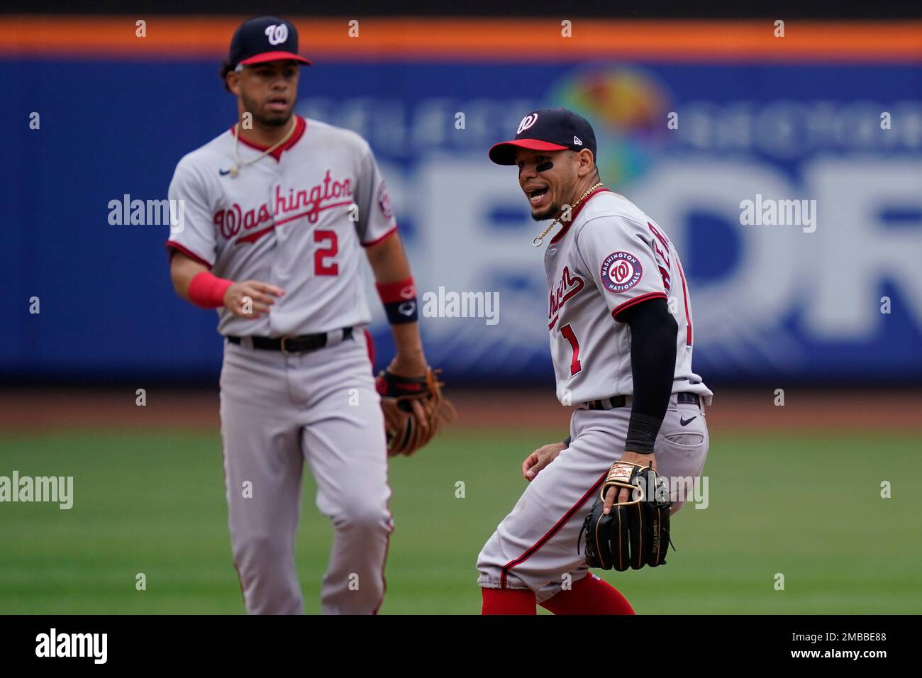 Washington Nationals second baseman Cesar Hernandez (1) reacts after ...