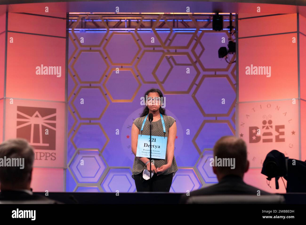 Deetya Vuppala, 13, from Bellevue, Wash., reacts as she misspells her ...