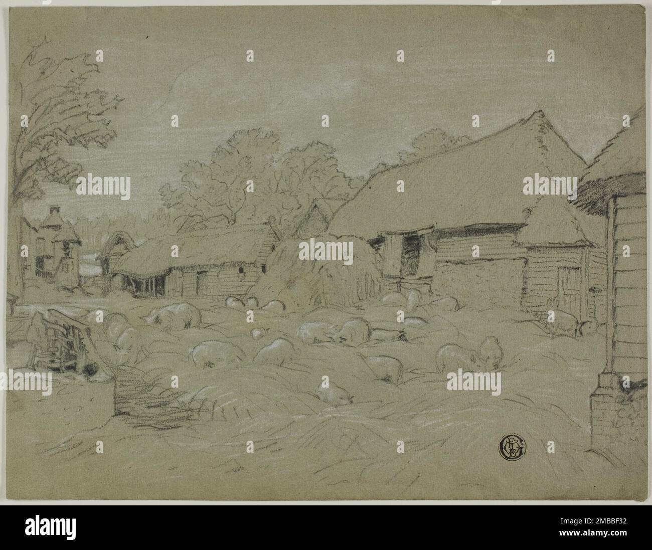 Farmyard with Haystack and Pigs, n.d. Style of William Turner Stock ...