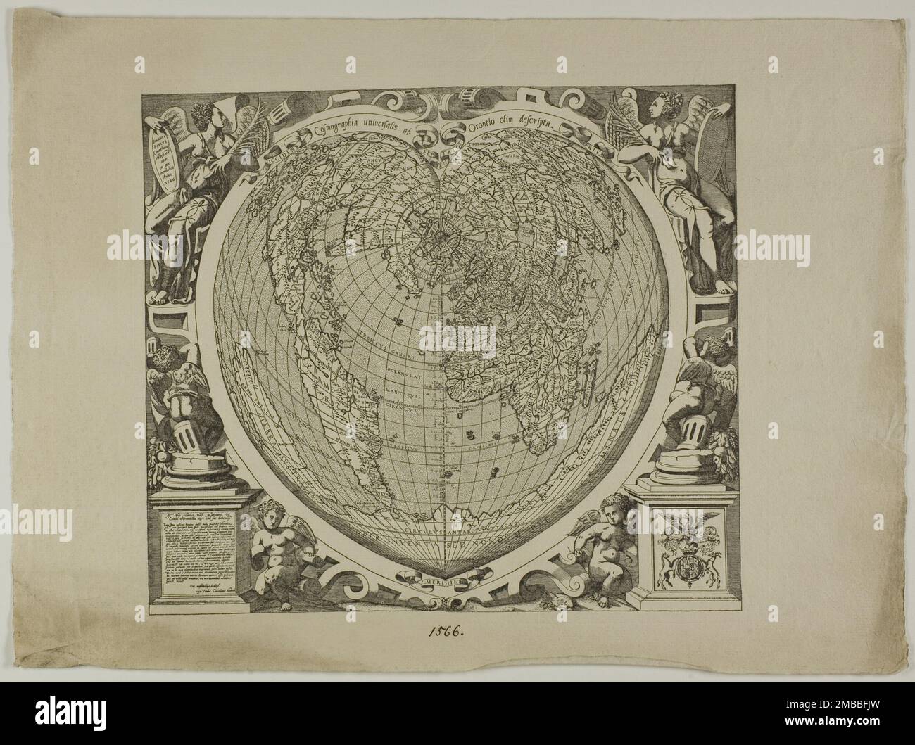 Map of the World, 1566, reprinted 1889. Heart-shaped world map with the ...