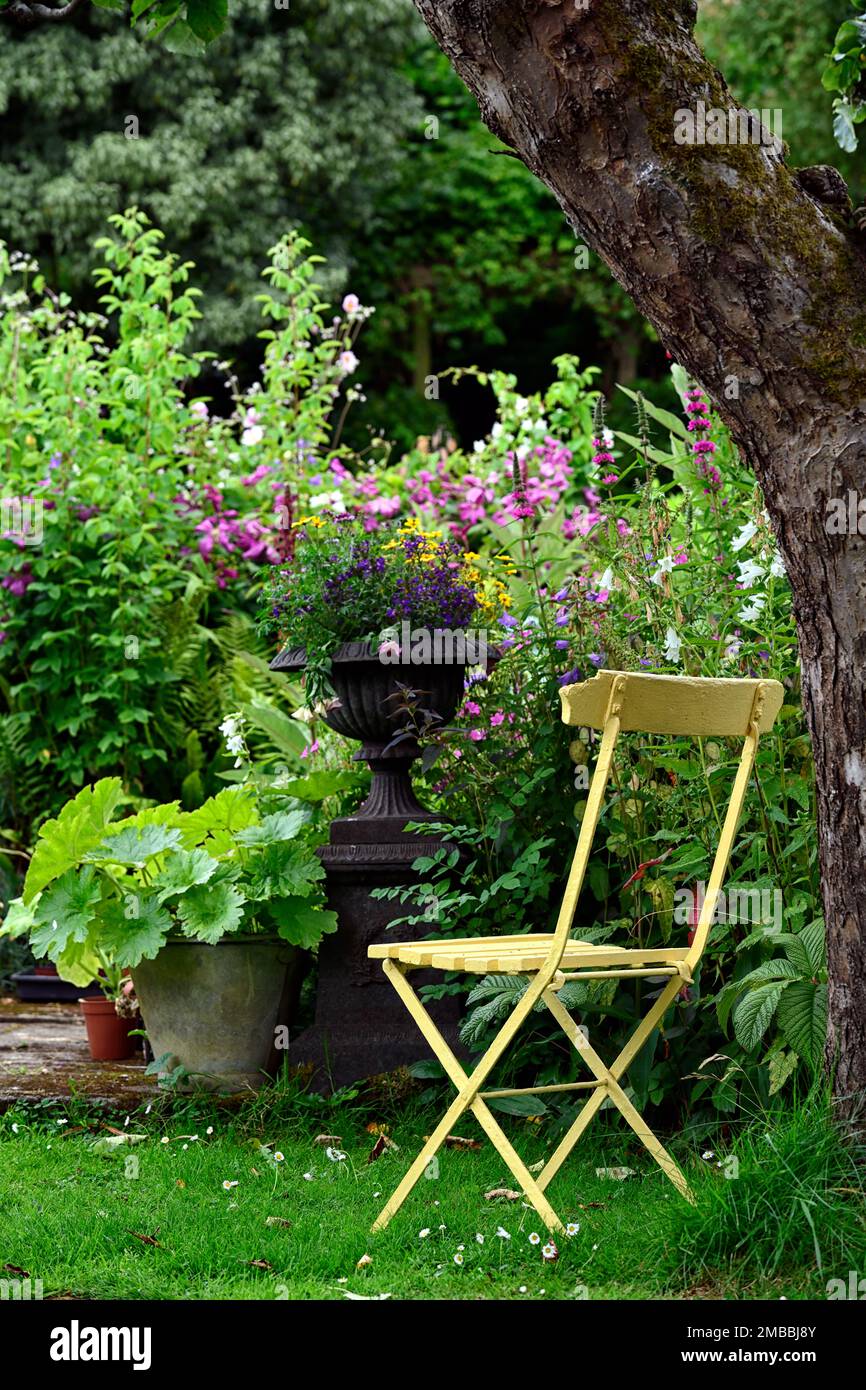yellow seat,garden seat,wooden seat under a tree, garden,view,viewpoint ...