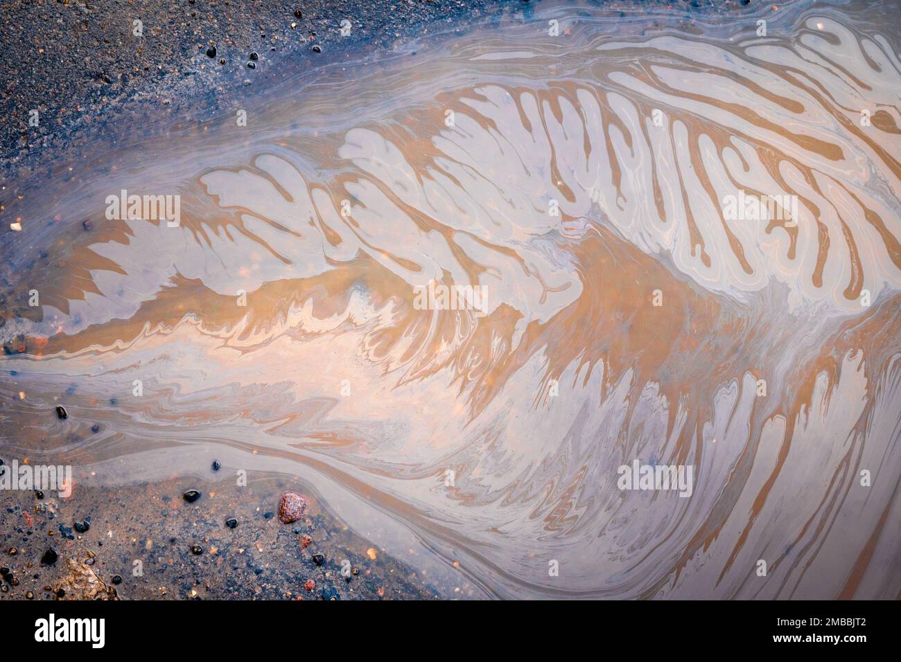 Colorful gasoline stain on the background of polluted water in a puddle ...