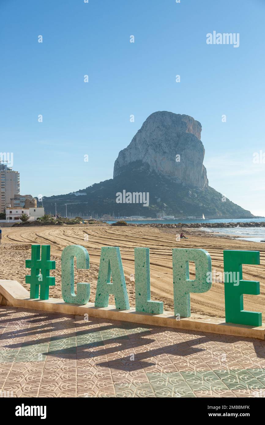 #Calpe Sign at the beach in Calpe with Penon de Ifach in background ...