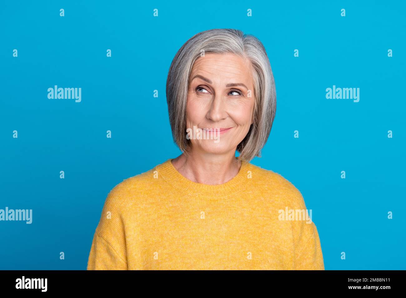 Photo portrait of mature lovely lady look cunning empty space creative ...