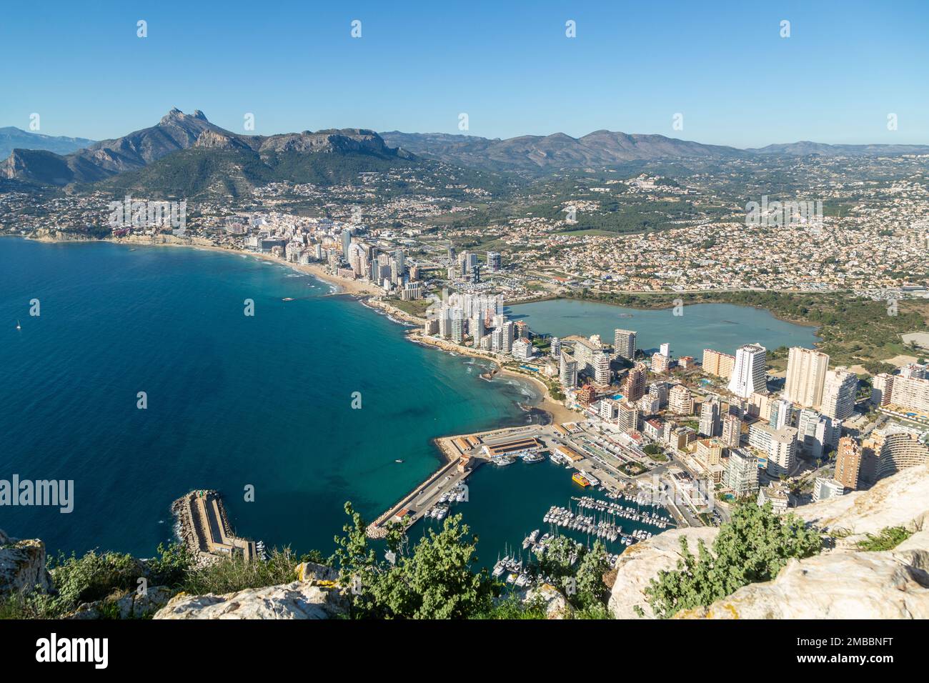 The town of Calpe viewed from the top of the massive limestone outcrop ...