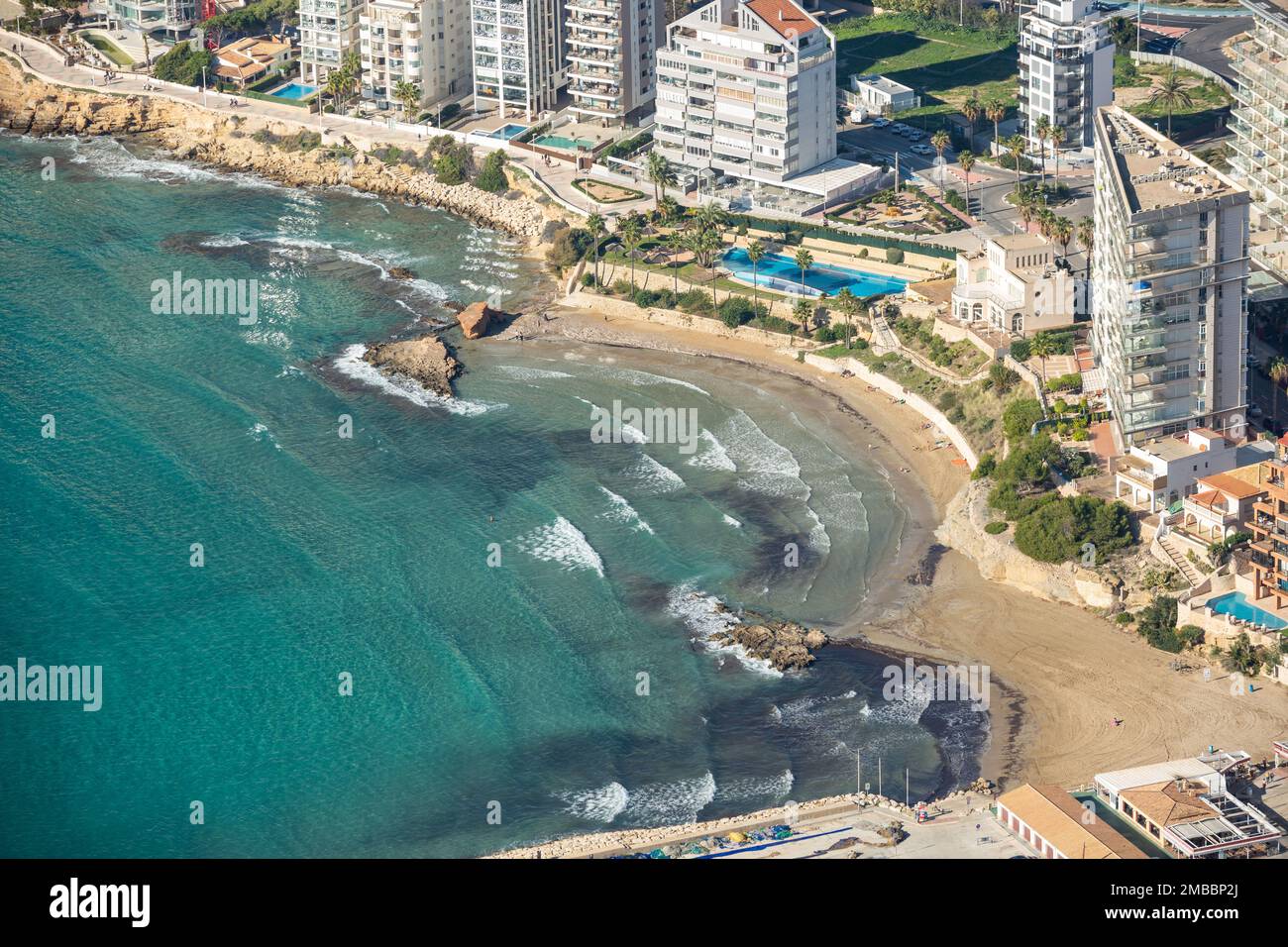The town of Calpe viewed from the top of the massive limestone outcrop ...