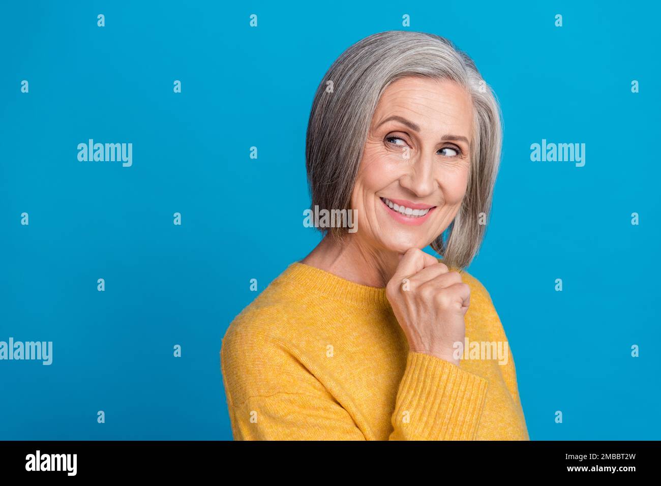 Photo portrait of mature lovely lady intelligent look empty space ...