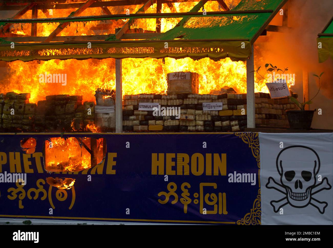FILE - Smokes and flames billow from burning narcotic drugs during a ...
