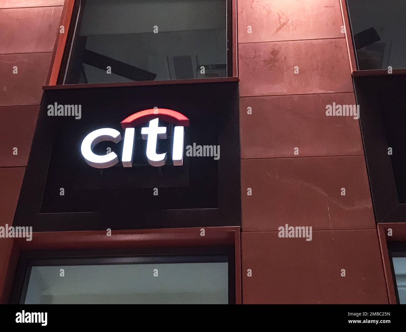 sign logo of Citibank group brand lights up, for attracting customers ...