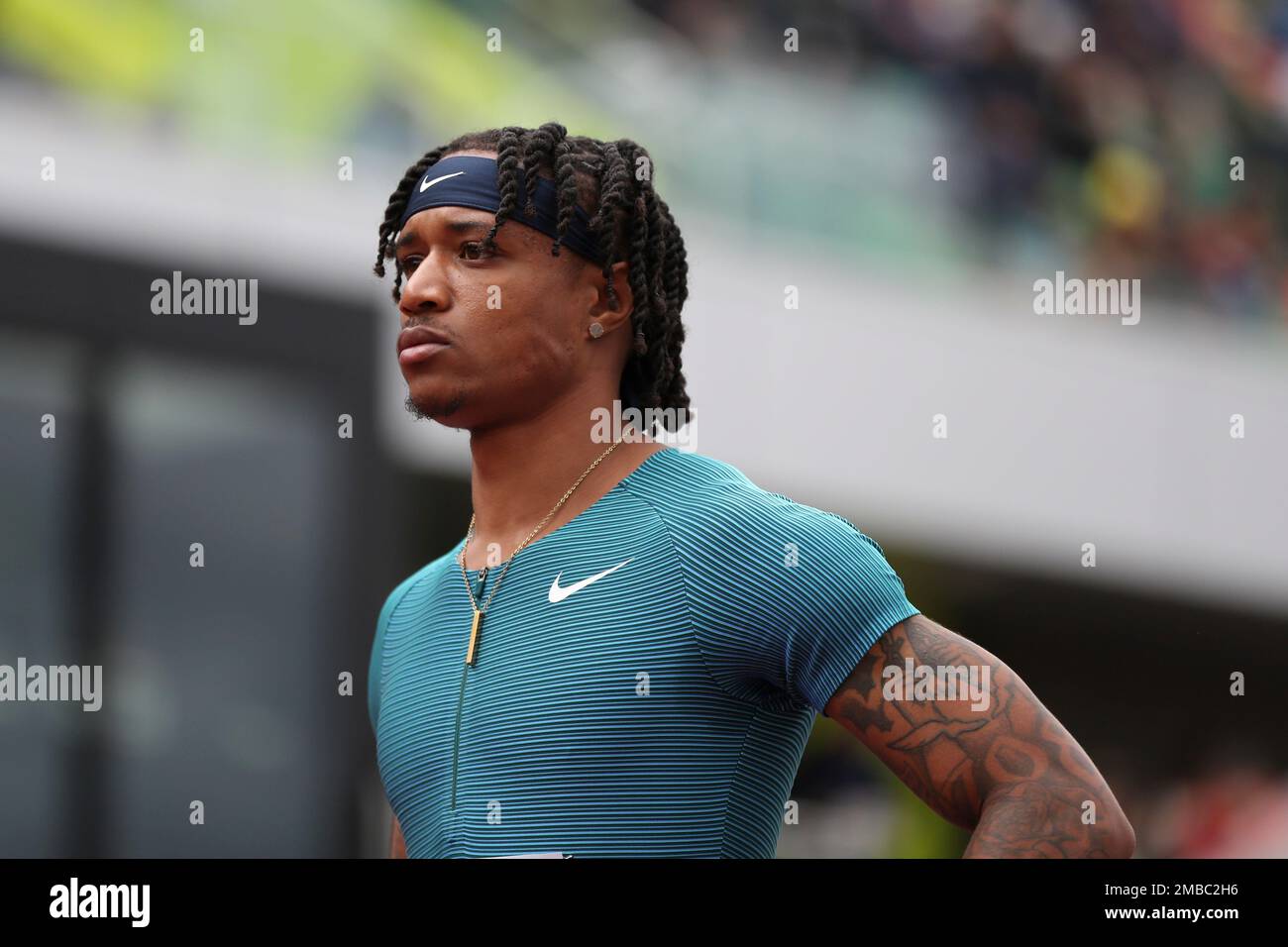 The United States' Kahmari Montgomery stands on the track prior to ...