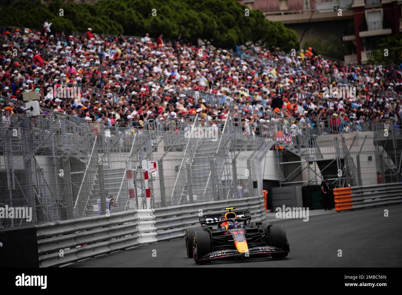 Red Bull driver Sergio Perez of Mexico steers his car during the Monaco Formula One Grand Prix ...