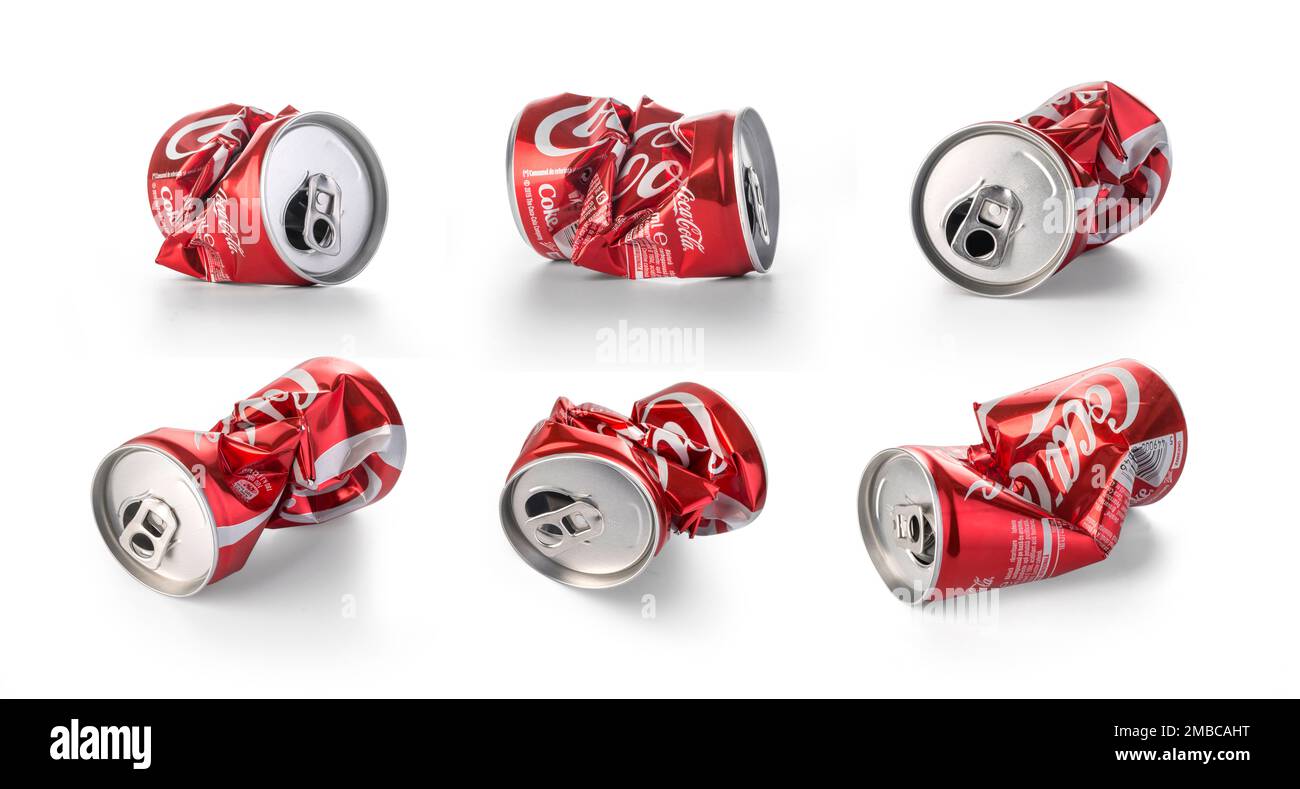 Chisinau, Moldova - August, 26, 2016:Crumpled Coca Cola cans. Coca Cola ...