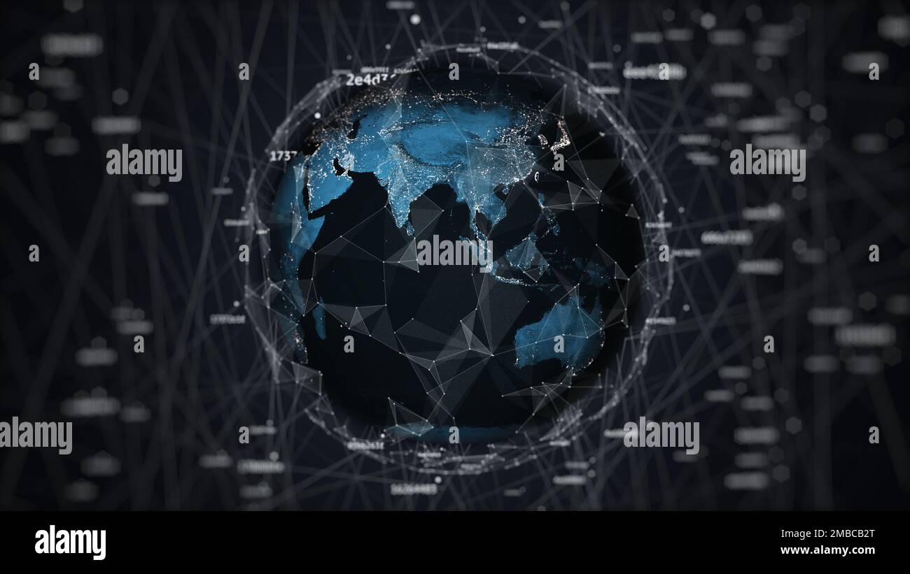 3D illustration of earth globe in geometric chaos with digital noise ...