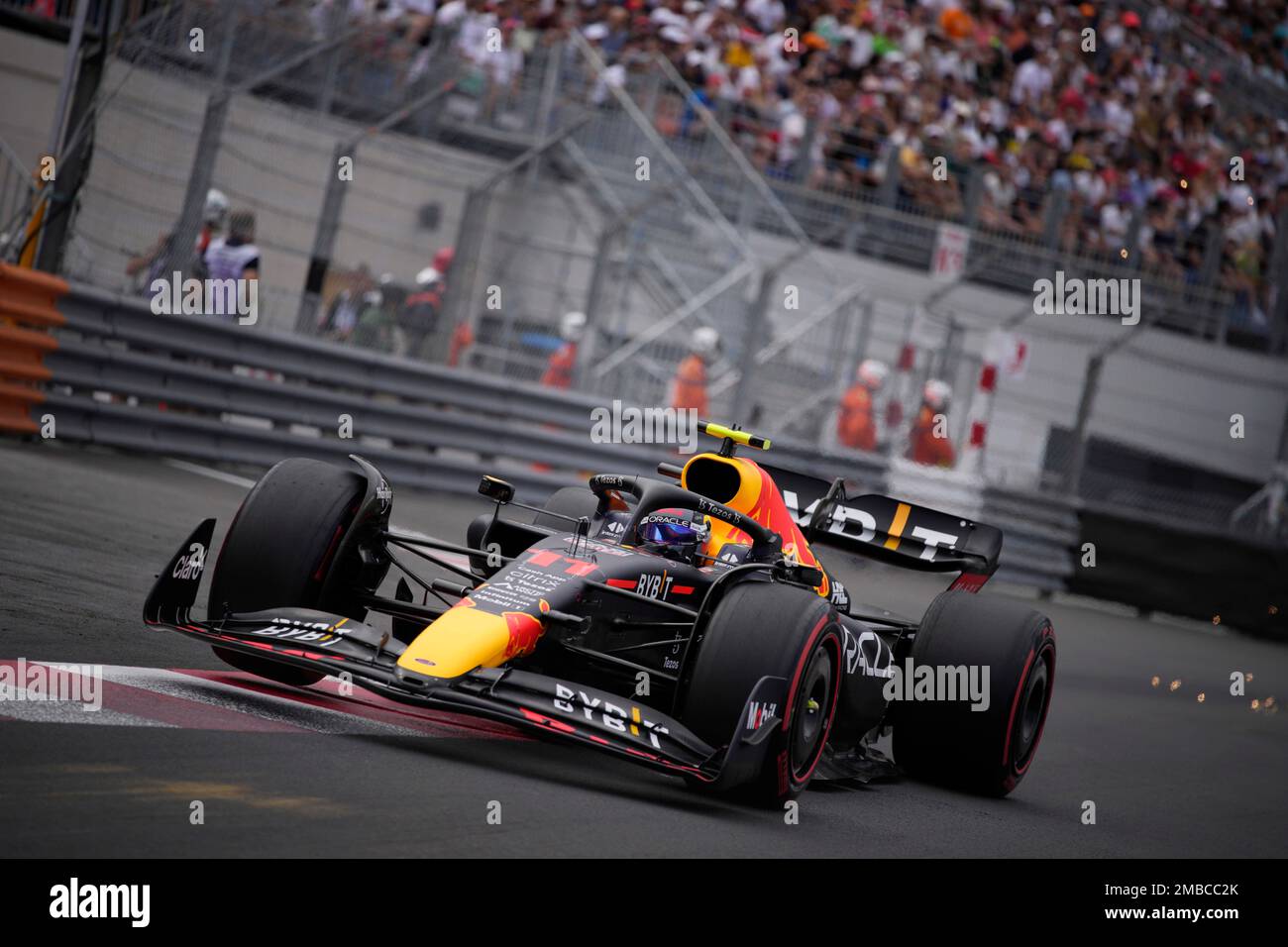 Red Bull driver Sergio Perez of Mexico steers his car during qualifying session at the Monaco ...