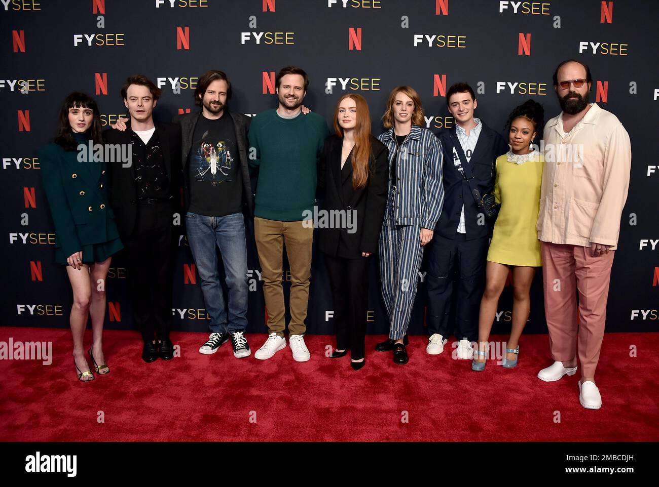 From left, Natalia Dyer, Charlie Heaton, Matt Duffer, Ross Duffer, Sadie Sink, Maya Hawke, Noah ...