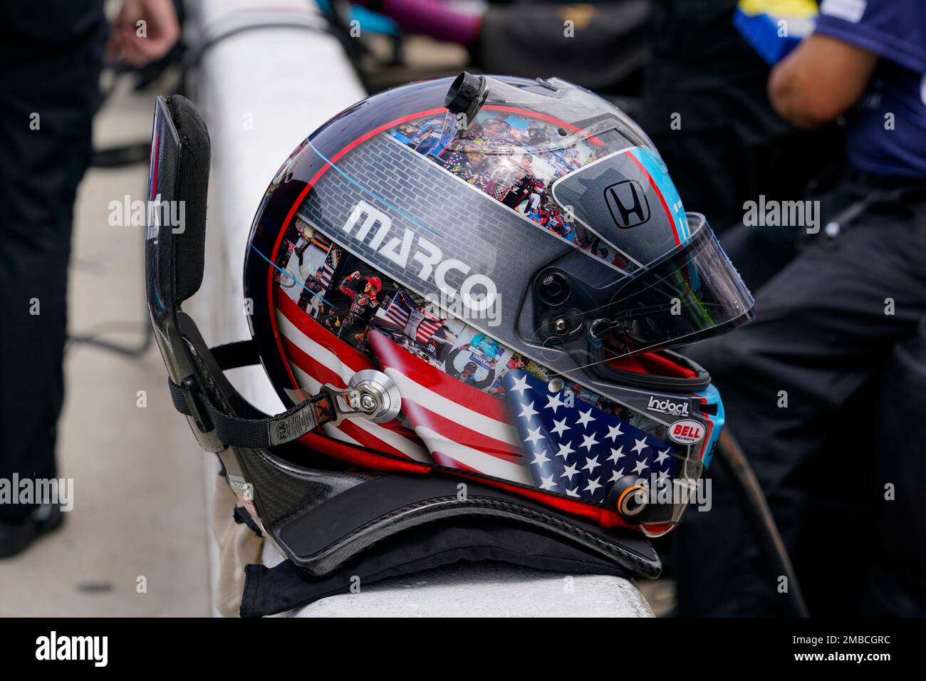 The helmet of Marco Andretti is shown before the final practice for the ...
