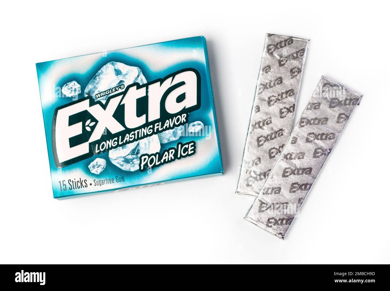 Chisinau, Moldova, February 19.2019 : A pack of Wrigleys Extra Polar Ice Chewing Gum, over a ...