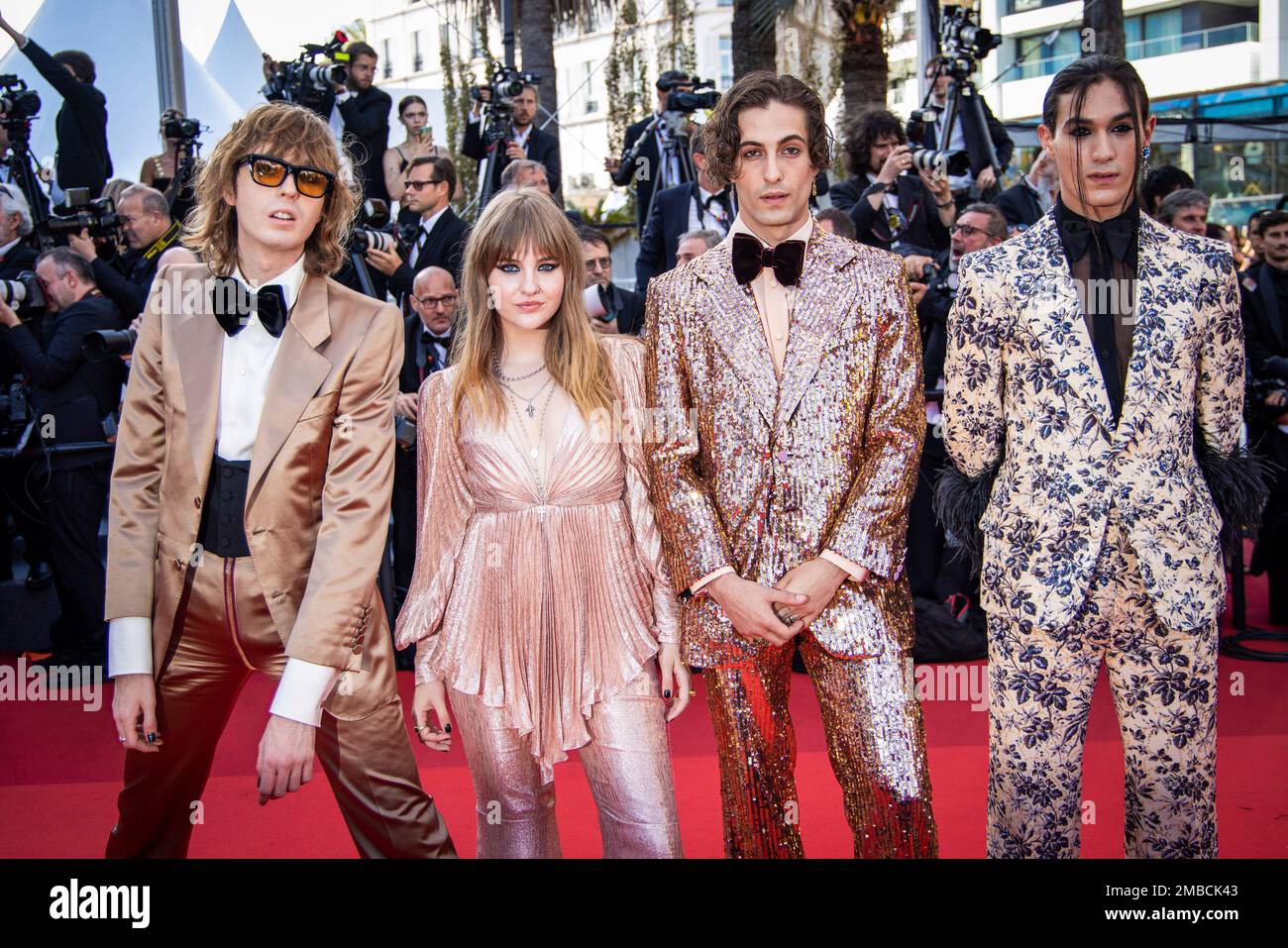 Thomas Raggi, from left, Victoria De Angelis, Damiano David, and Ethan Torchio of Maneskin pose ...