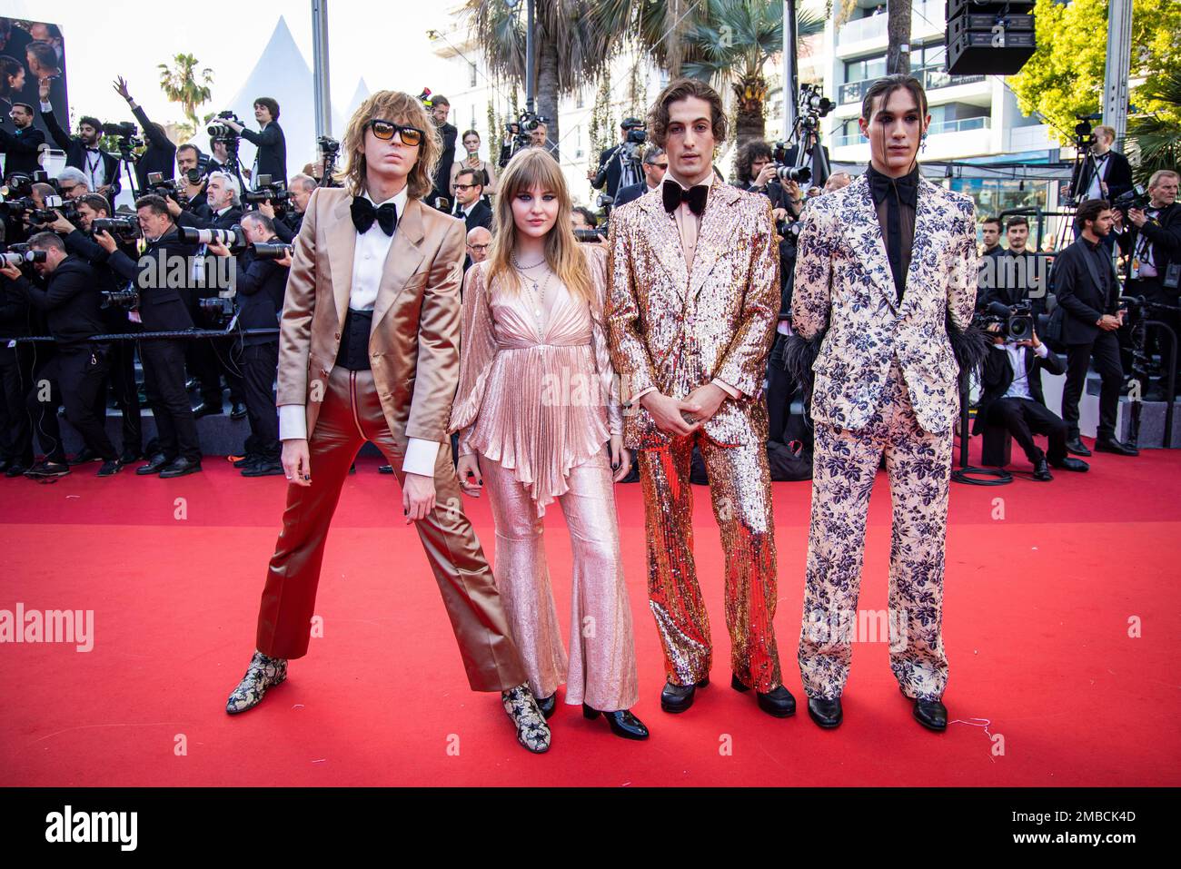 Thomas Raggi, from left, Victoria De Angelis, Damiano David, and Ethan Torchio of Maneskin pose ...