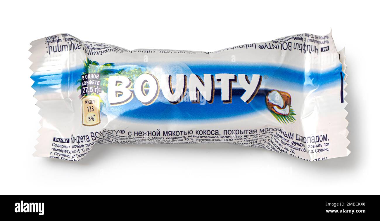 Anapa, RUSSIA - December 10, 2022: Bounty chocolate bar. Studio shot ...