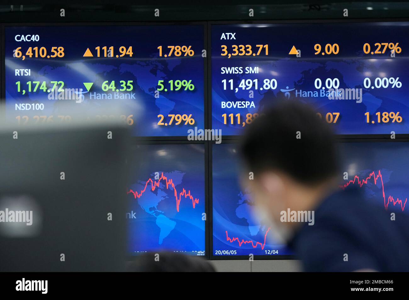 A currency trader stands near the screens at a foreign exchange dealing ...