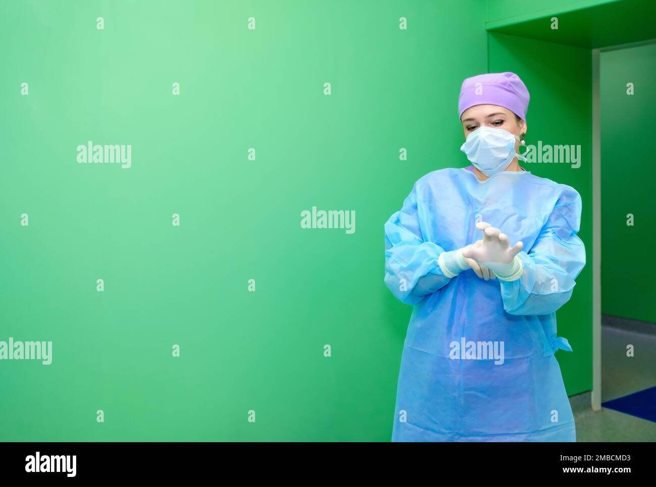 A female surgeon puts sterile gloves on her hands in an operating room ...