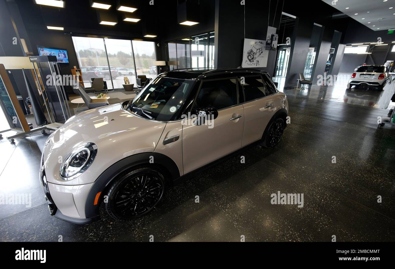 An unsold 2023 Cooper S 4-door hardtop sits on the floor of a Mini ...