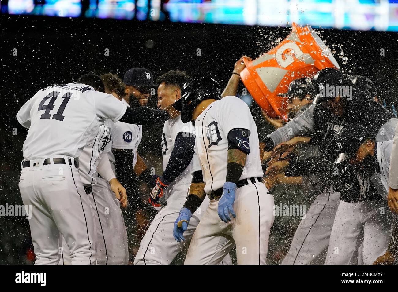 Detroit Tigers designated hitter Miguel Cabrera, center, is doused ...
